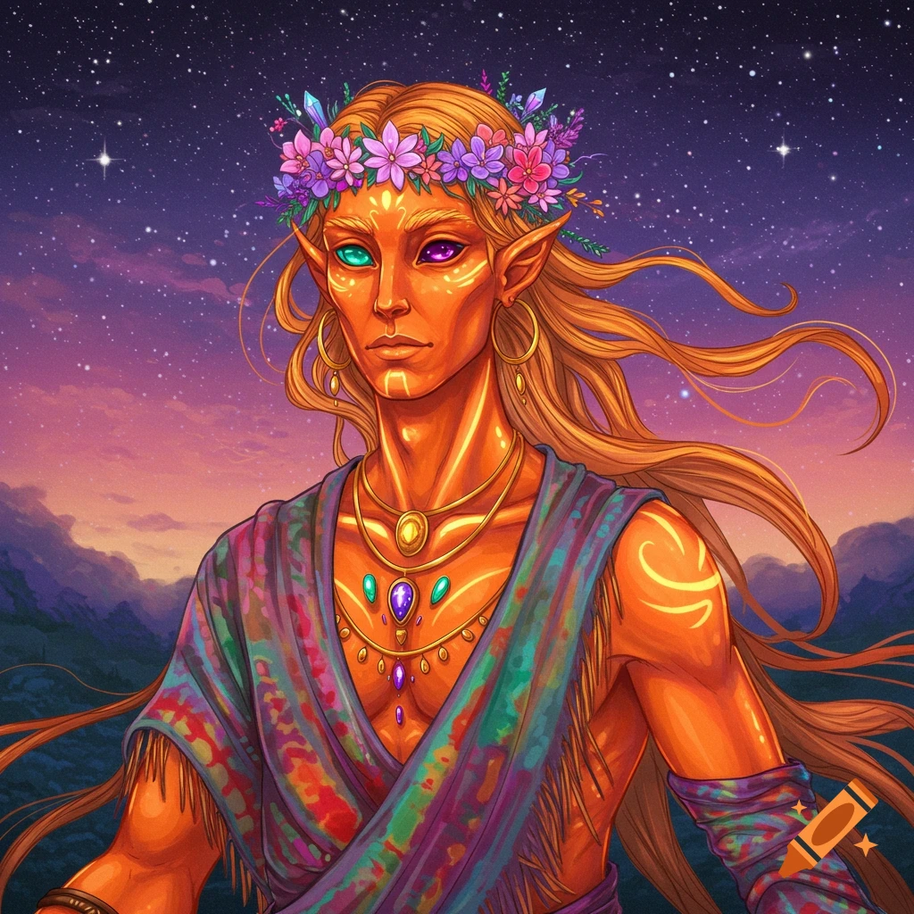 A powerful alien with glowing orange skin, long blonde hair, and ...