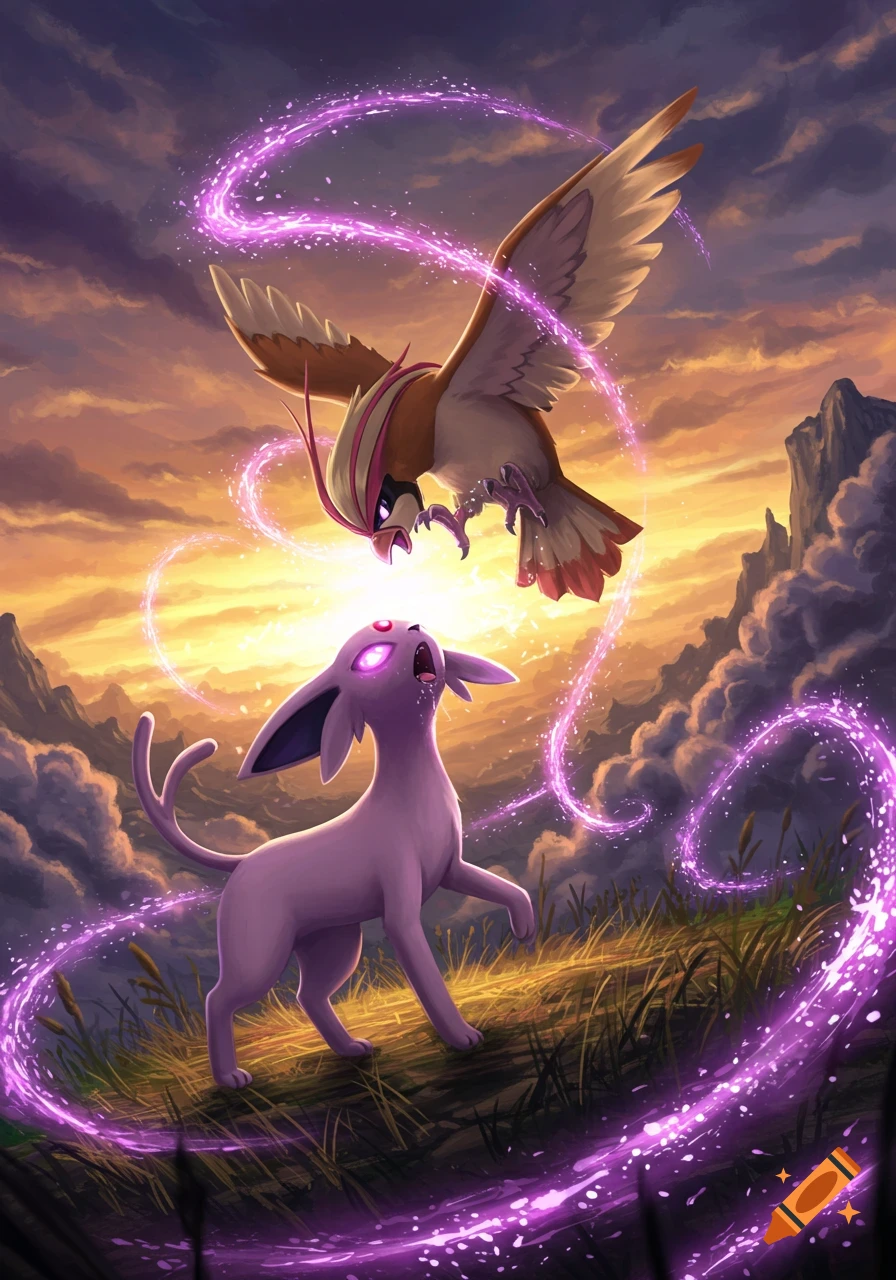 Alakazam wields two spoons, battling Mewtwo in a dynamic fantasy scene ...