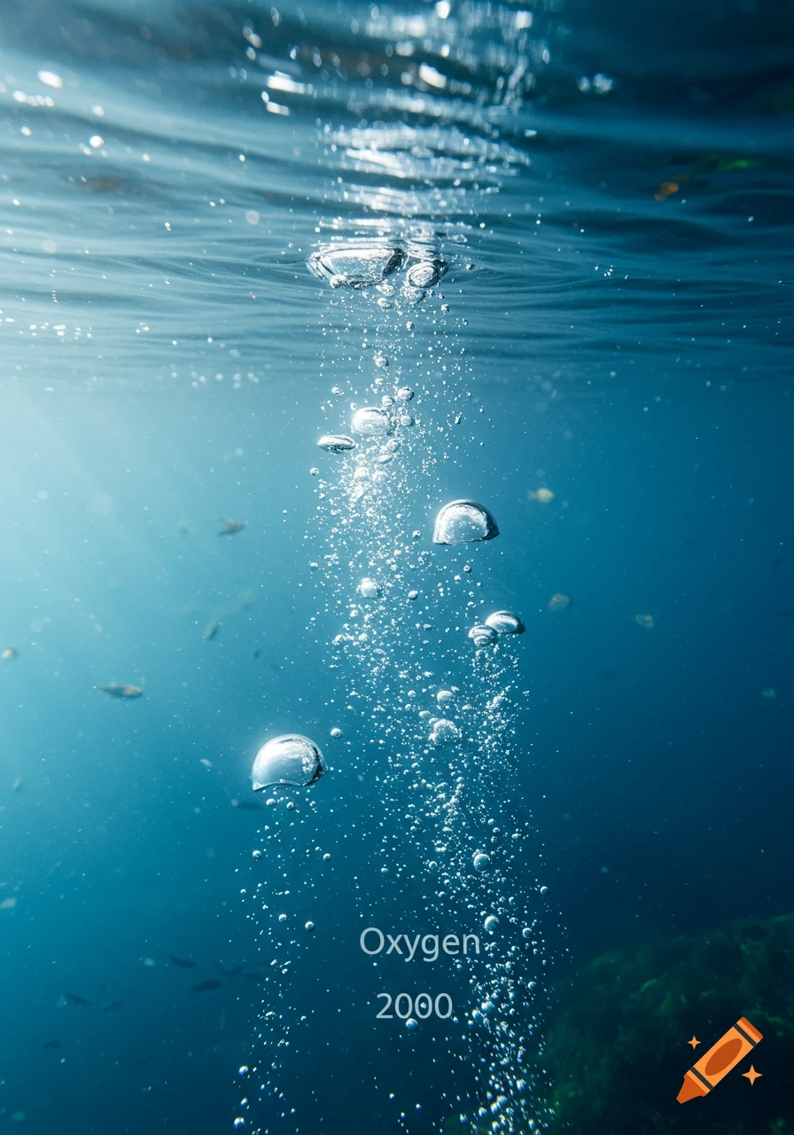 Photorealistic underwater scene showing a stream of oxygen bubbles ...