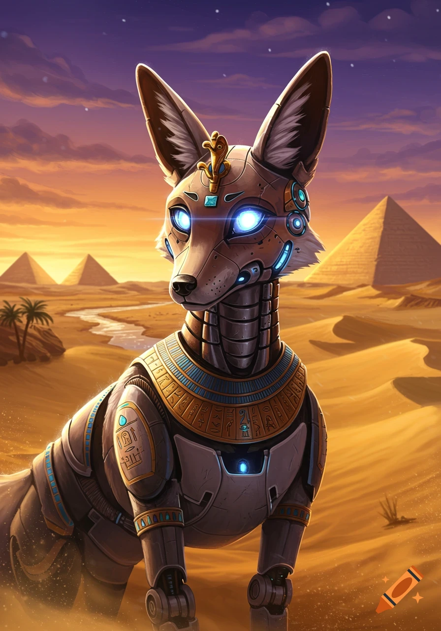 A robotic Egyptian fox with glowing blue eyes and ancient armor stands ...