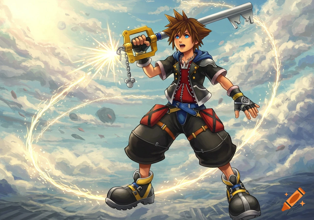 Sora from Kingdom Hearts wields a glowing sword while facing Captain ...