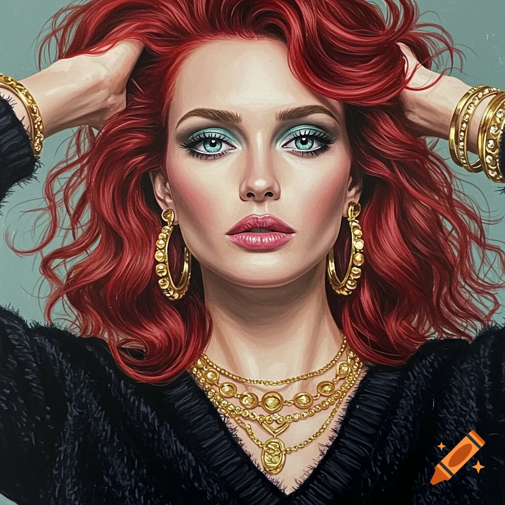 Acrylic painting of a woman with red curly hair, dramatic turquoise eye ...
