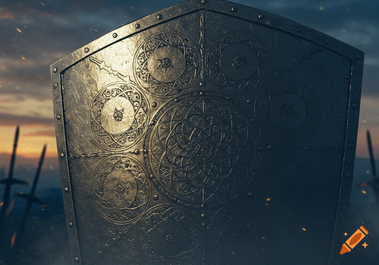 A dark, ornate medieval shield with a glowing golden, stylized 'P' or ...