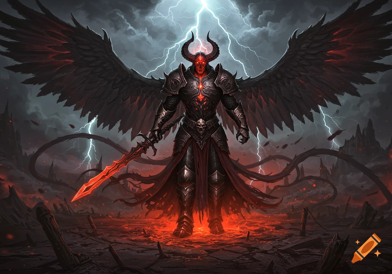 A formidable armored demon with black wings, glowing red eyes, and a ...