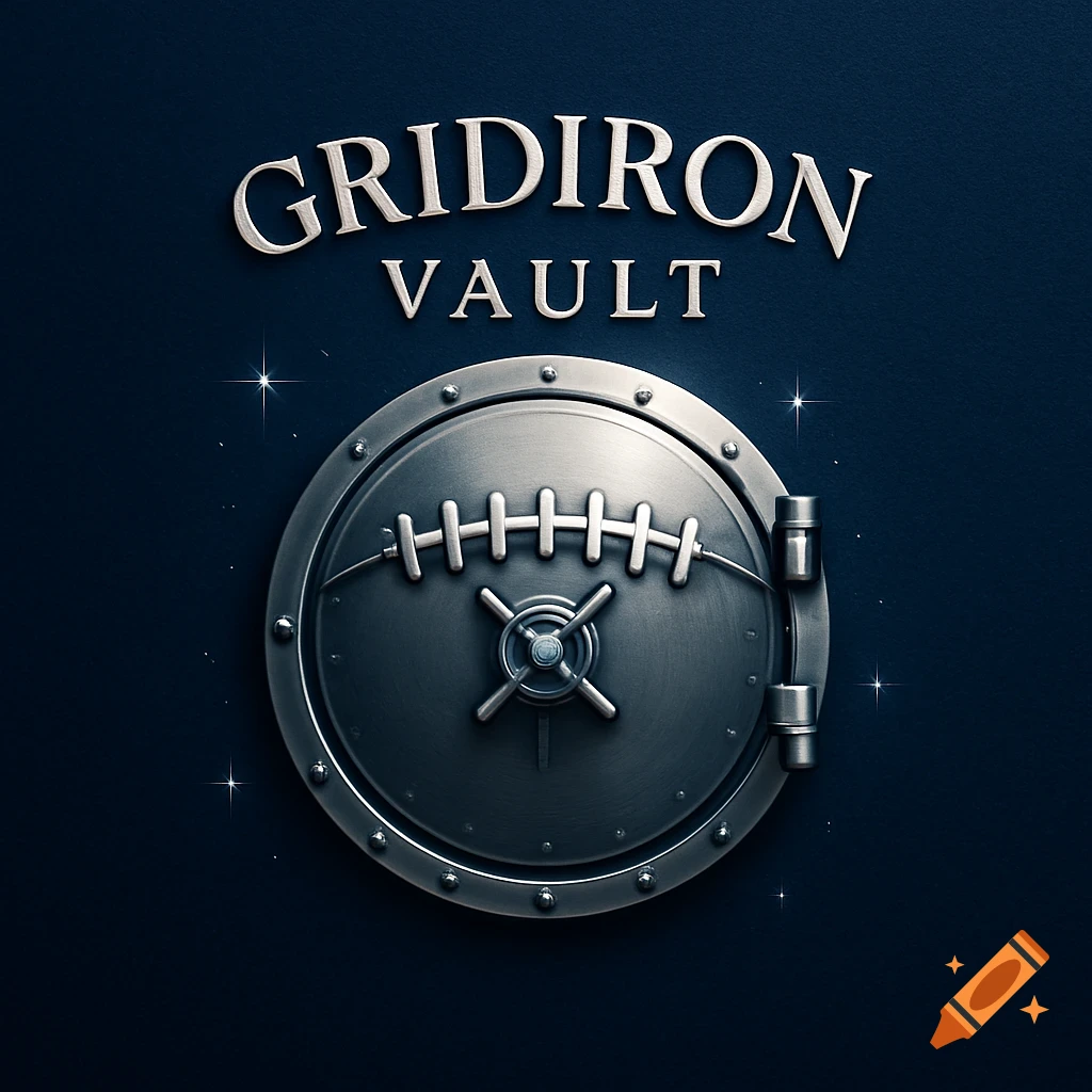 Metallic vault door with football laces and 'GRIDIRON VAULT' text, on a ...