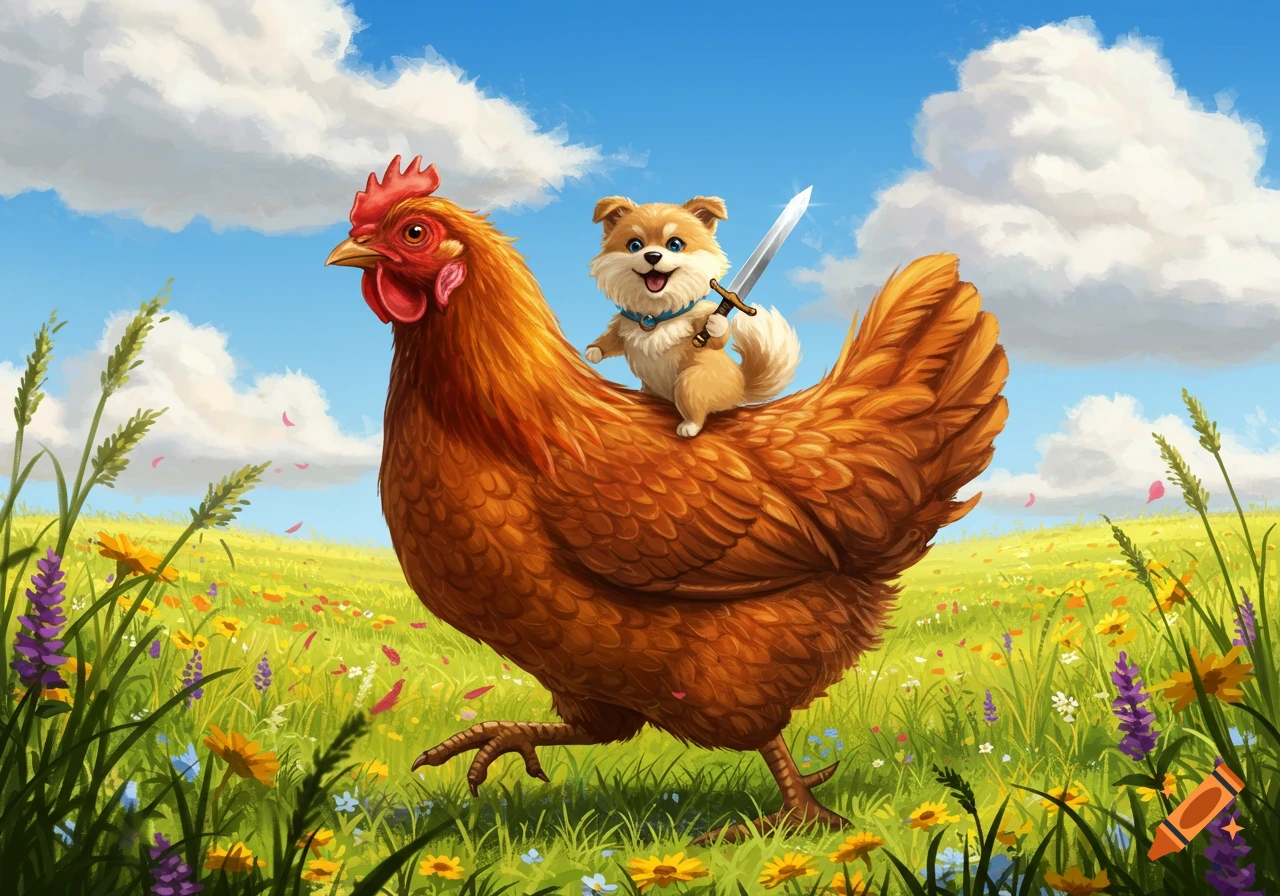 An old man laughs as a large rooster appears to dance towards him in a ...