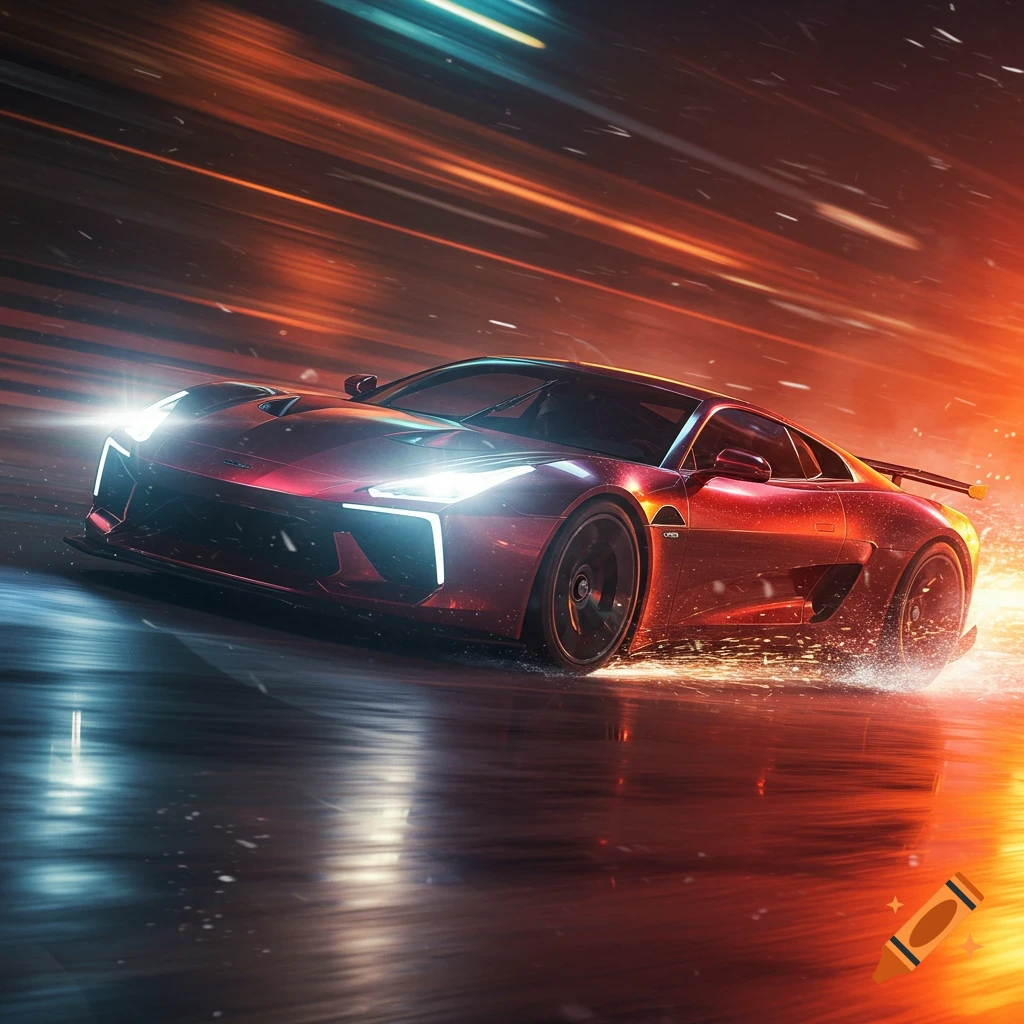 A black Aston Martin sports car speeds on a wet road at night ...