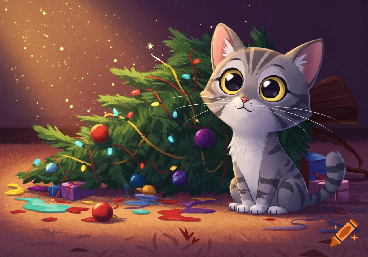 A smiling black cat with glowing green eyes and a red bow on its head ...