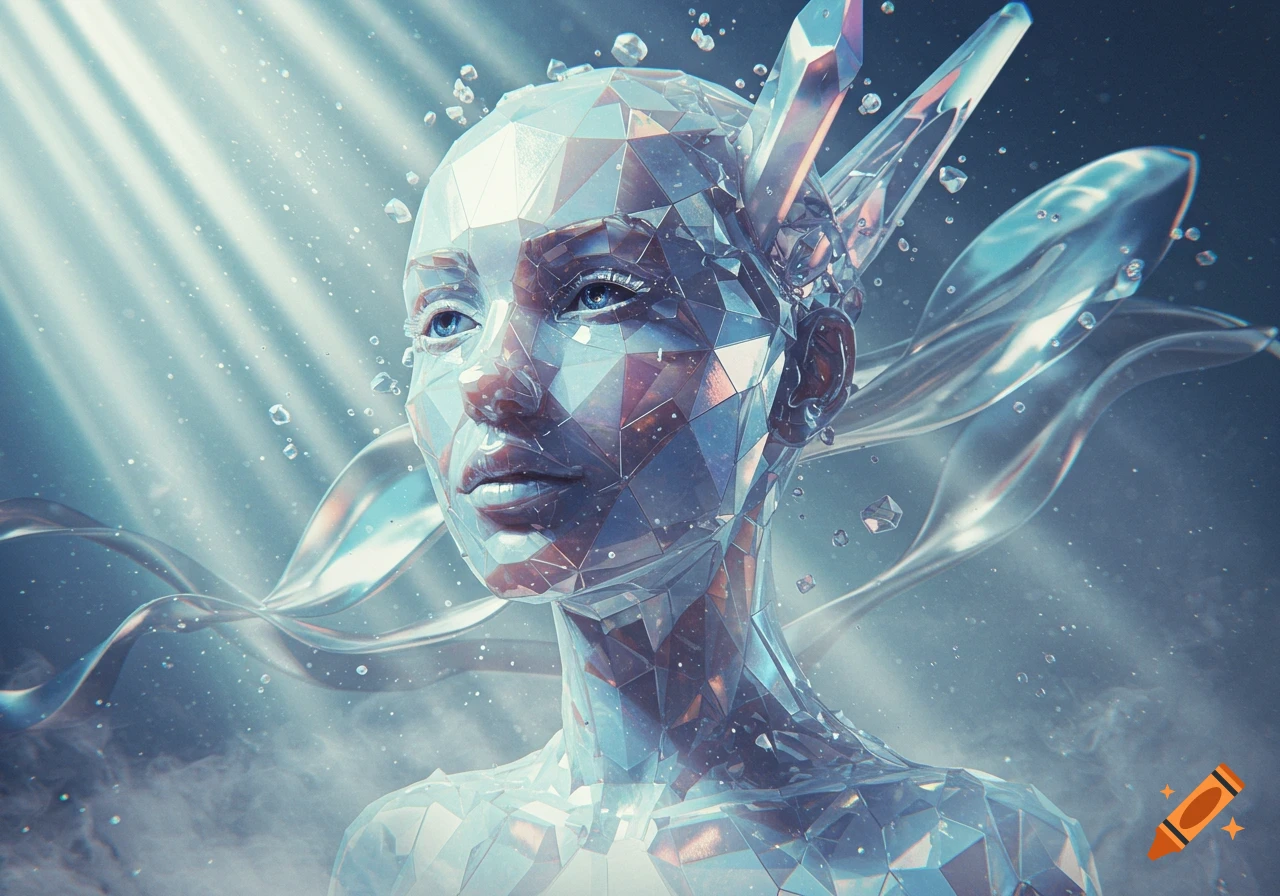 Abstract geometric face made of ice crystals emerging from an arctic ...