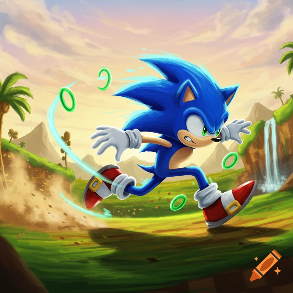 Sonic the Hedgehog runs at high speed, surrounded by green rings ...