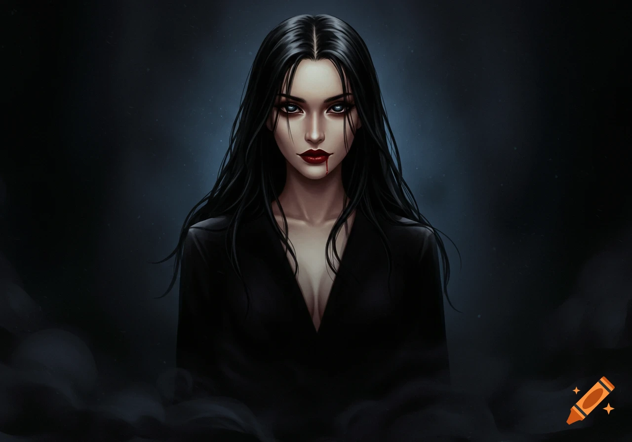 Gothic anime girl with long black hair and a red imp sitting on a bench ...