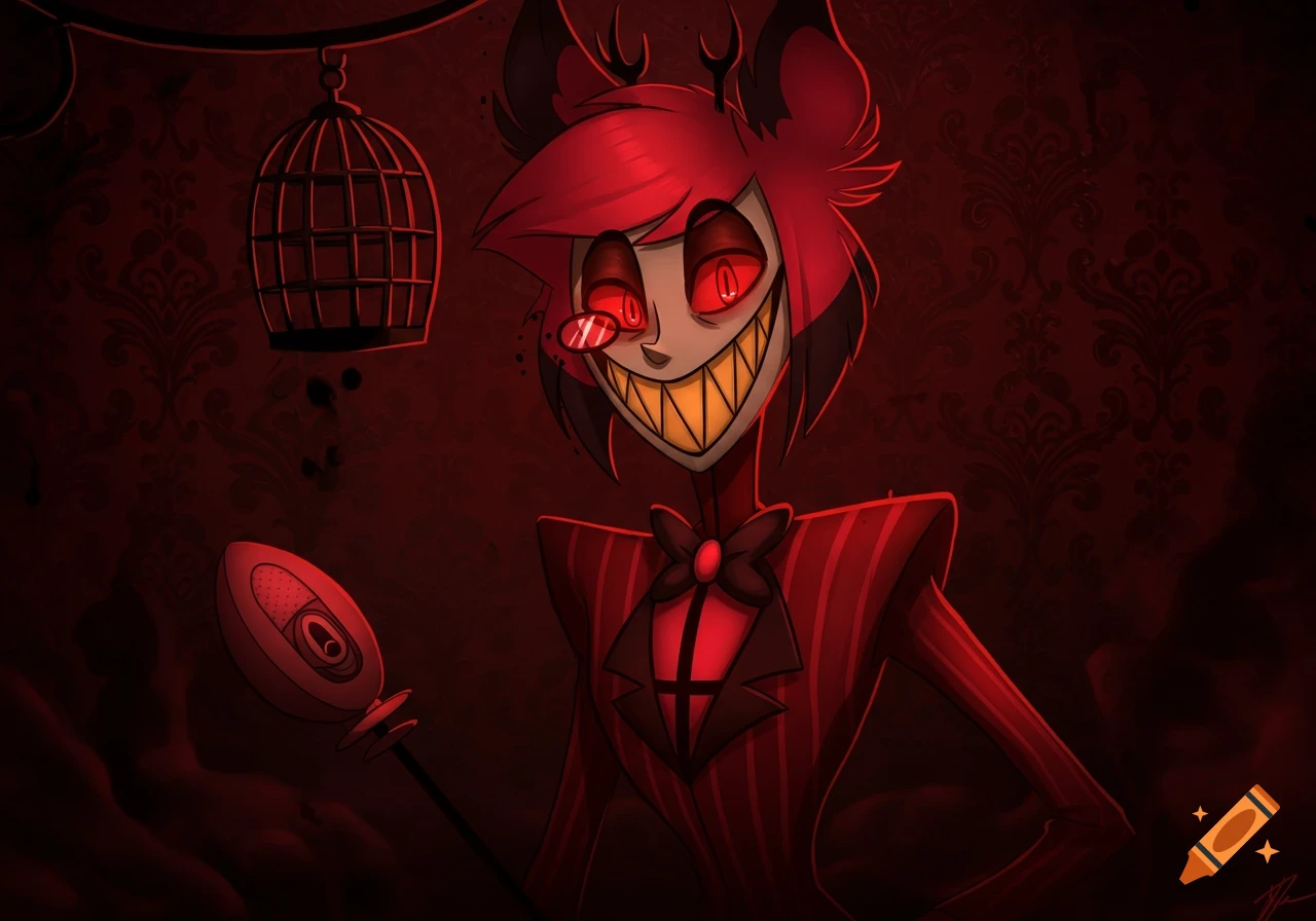 Alastor from Hazbin Hotel, a red demon in a pinstriped suit with hypno ...