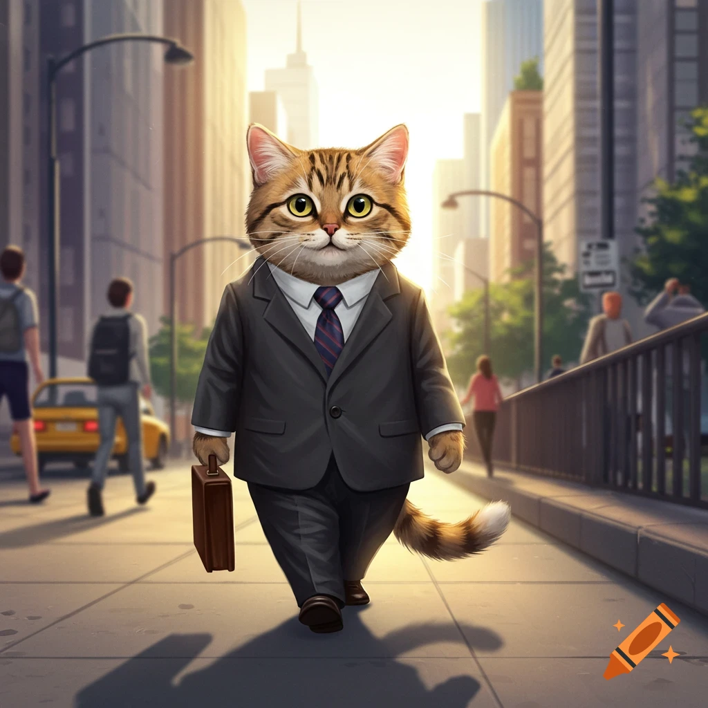 A happy anime-style tabby cat skillfully skateboards down a city street ...