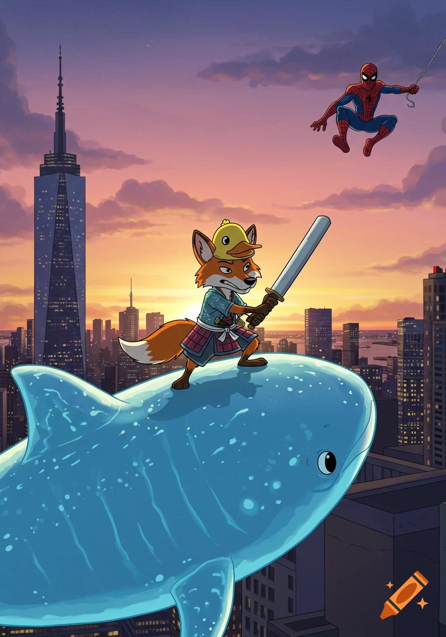 Cartoon fox samurai in a duck hat with a pool noodle rides a ...