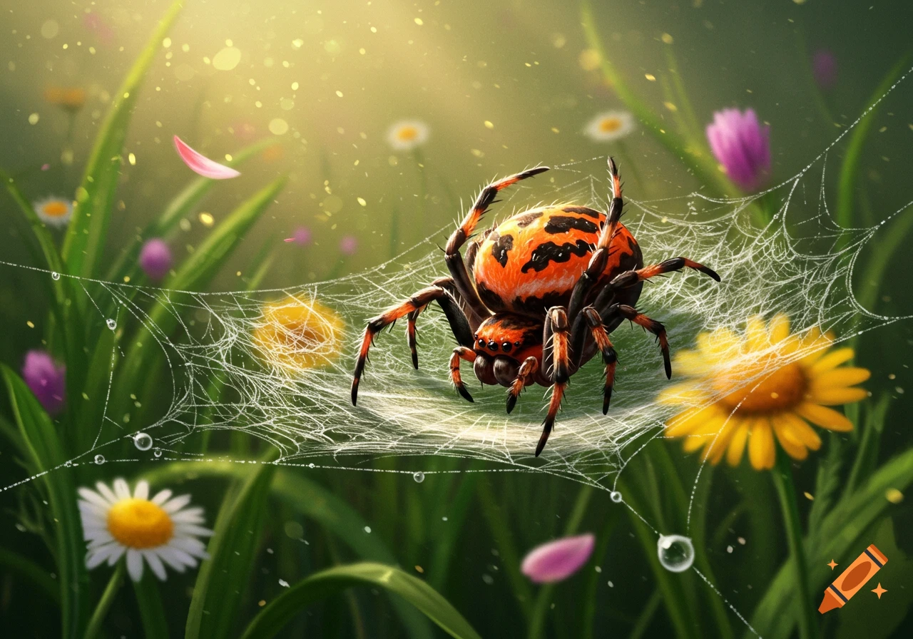 A cute, cartoon jumping spider sits on a wet window sill, gazing out at ...