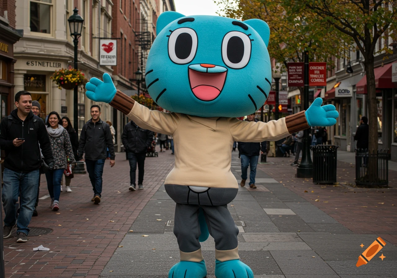 Two cartoon mascot characters, a blue cat and an orange goldfish, stand ...