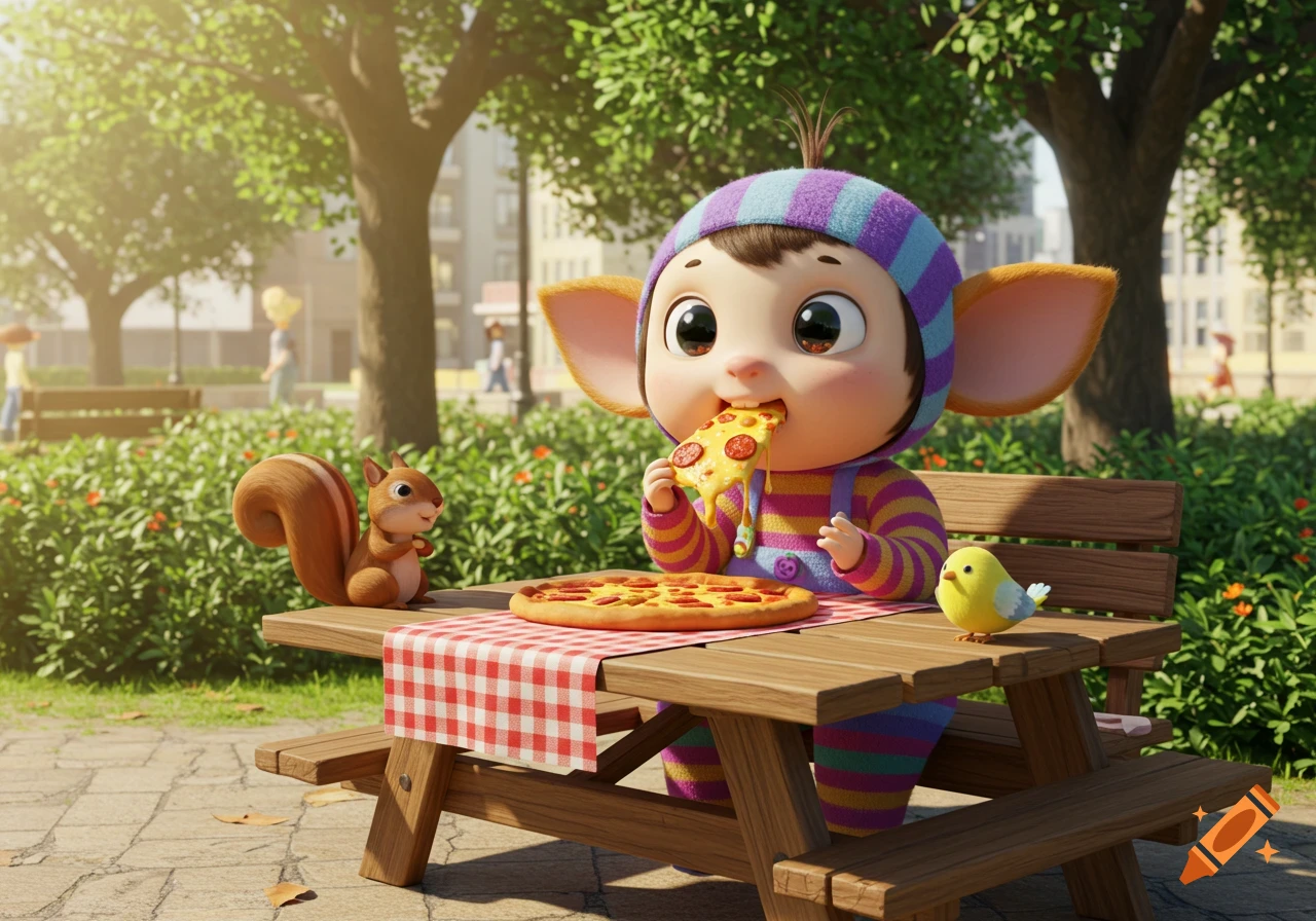 A smiling cartoon elf in a jester outfit runs along a forest path ...