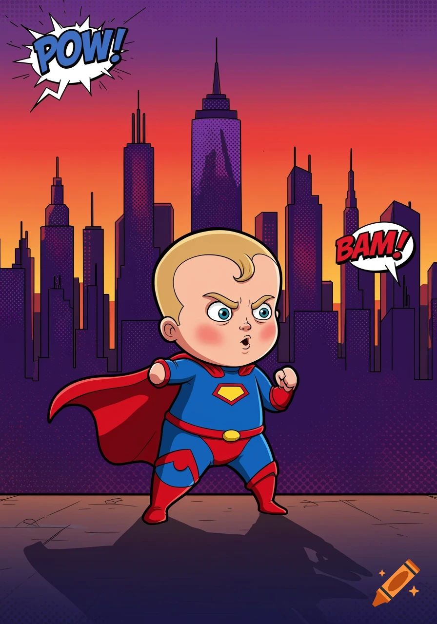 Cartoon man with beard and glasses flying as Superman over a city ...