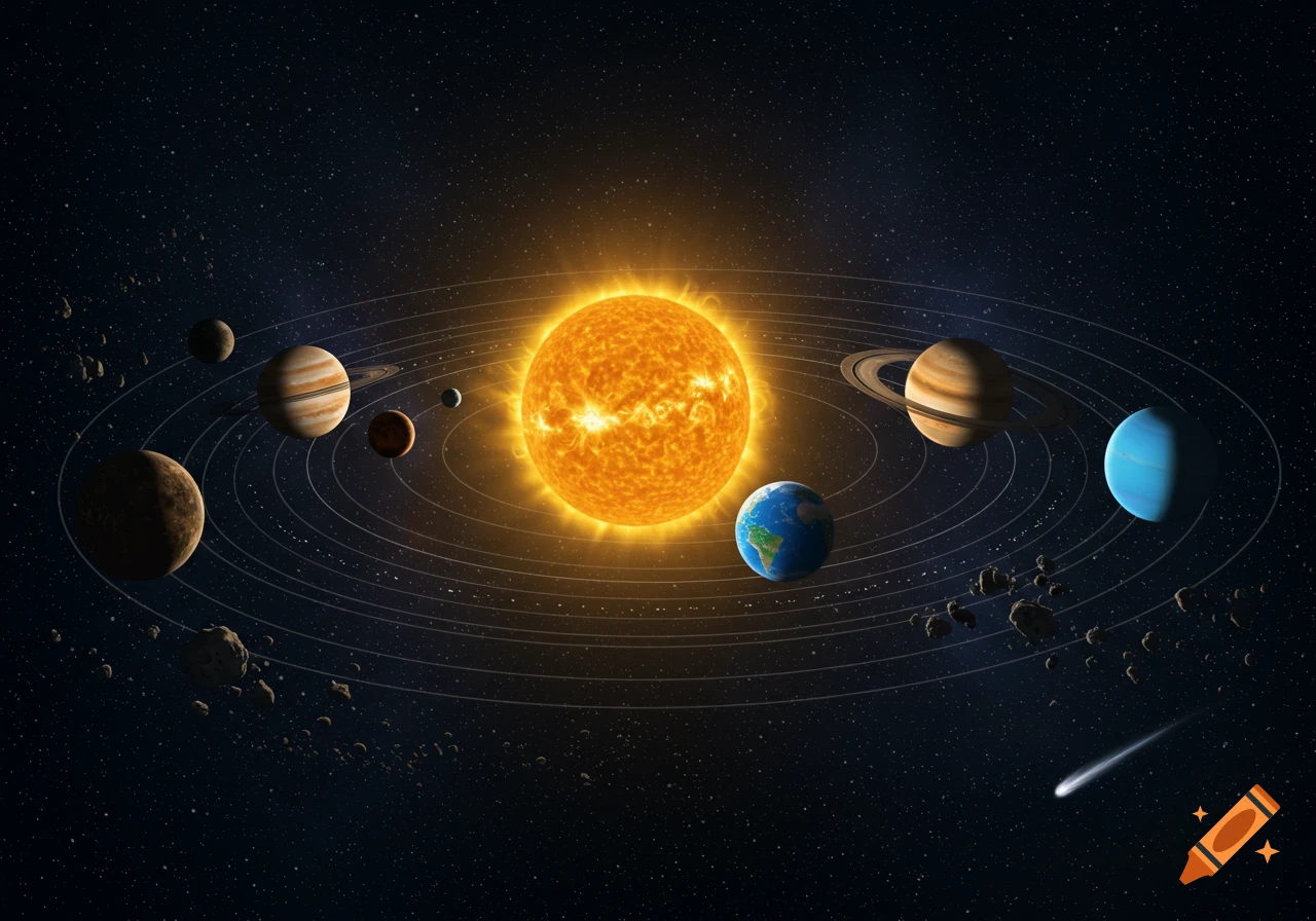 A vibrant depiction of the solar system with the sun, planets ...