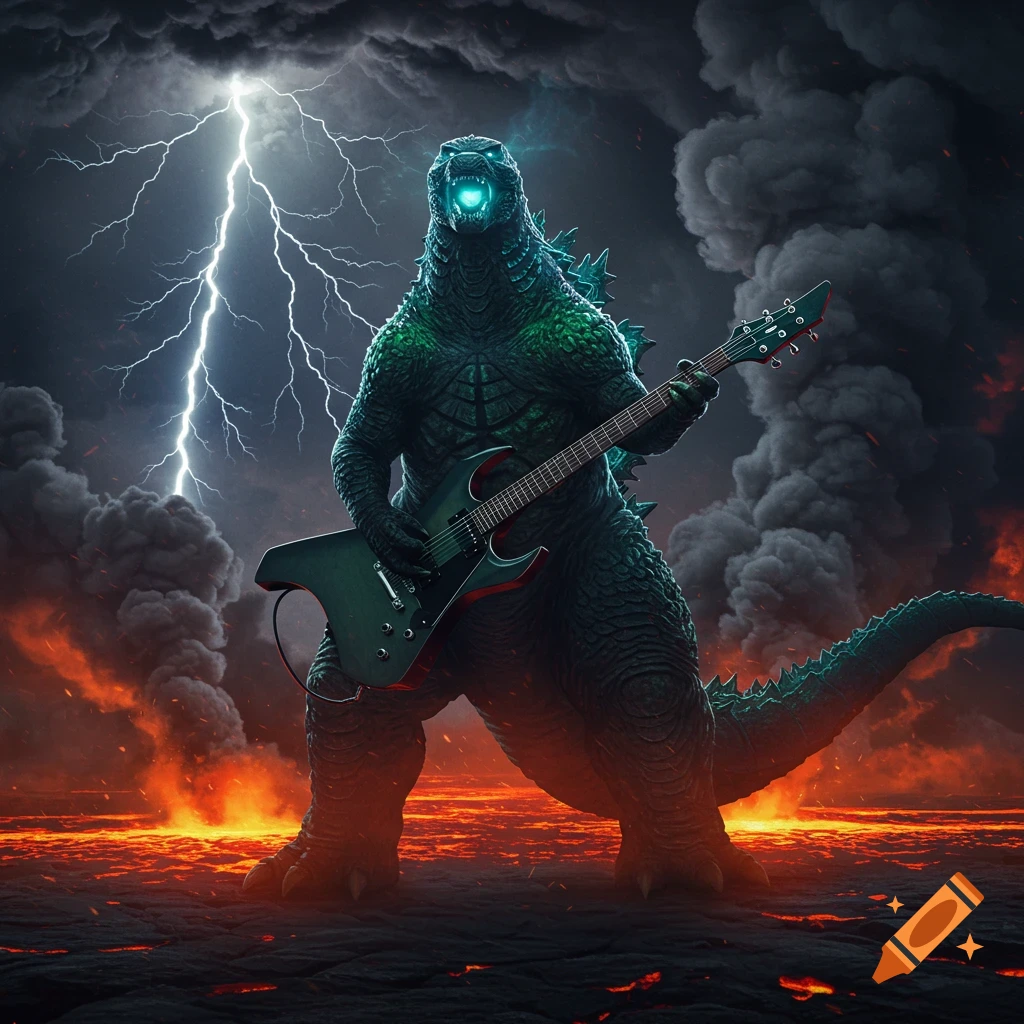 Godzilla plays an electric guitar, standing on a lava landscape under a ...