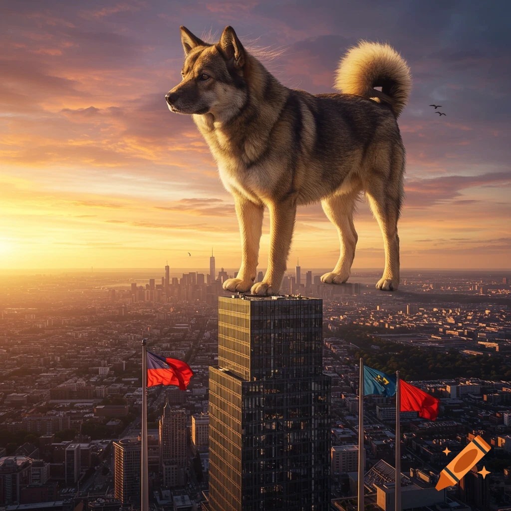 A photorealistic giant dog sits on top of a skyscraper, overlooking a ...