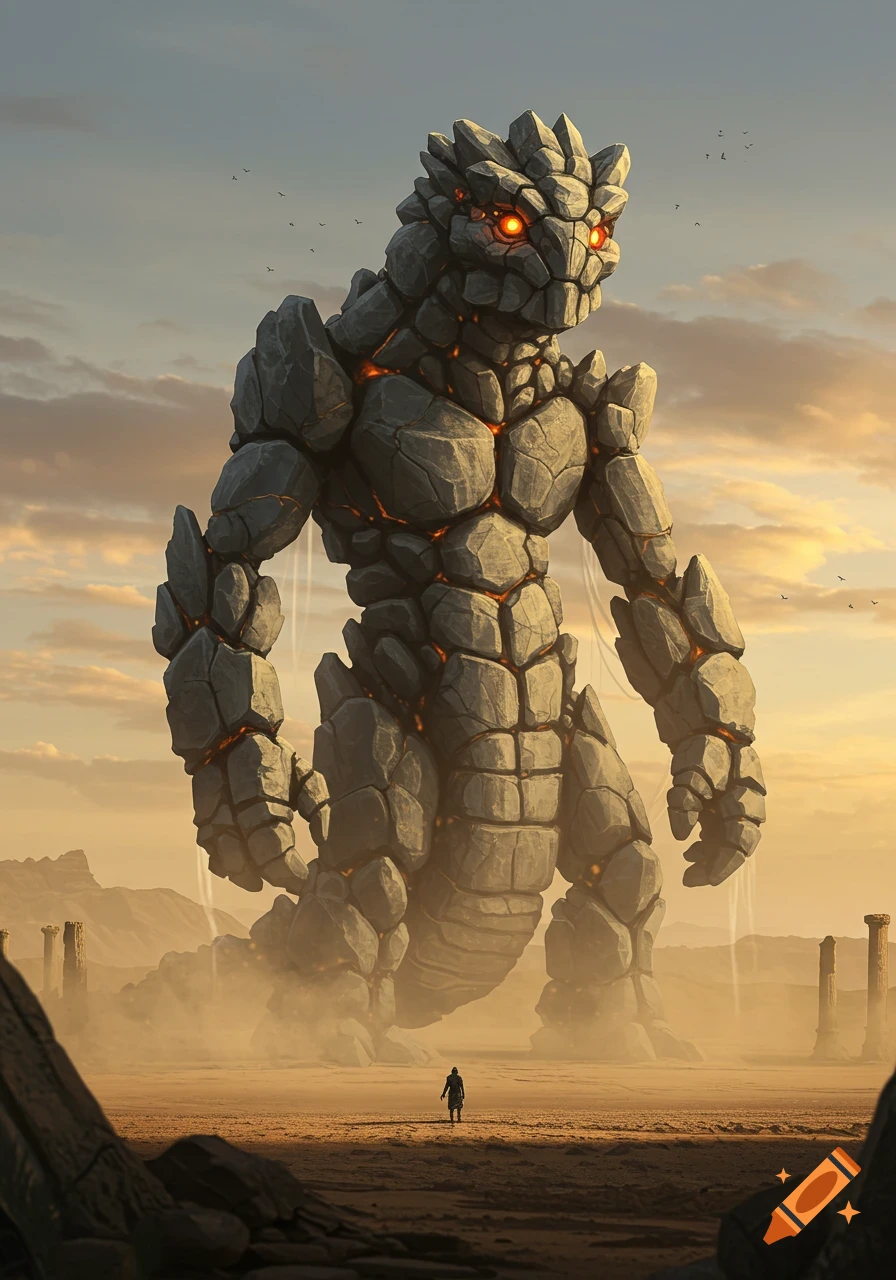 A massive, anthropomorphic rock monster stands in a dusty desert ...