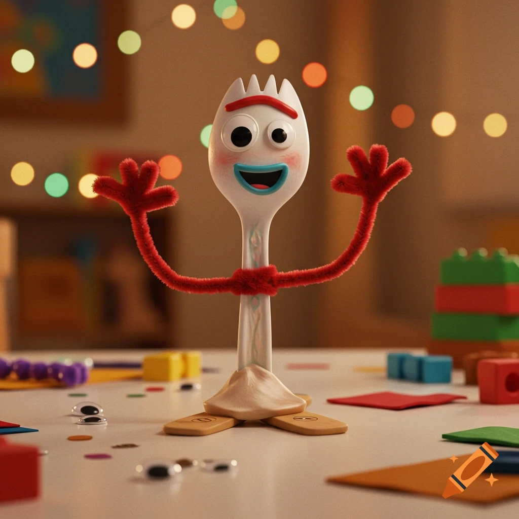 Forky from Toy Story, a spork with googly eyes and pipe cleaner arms ...