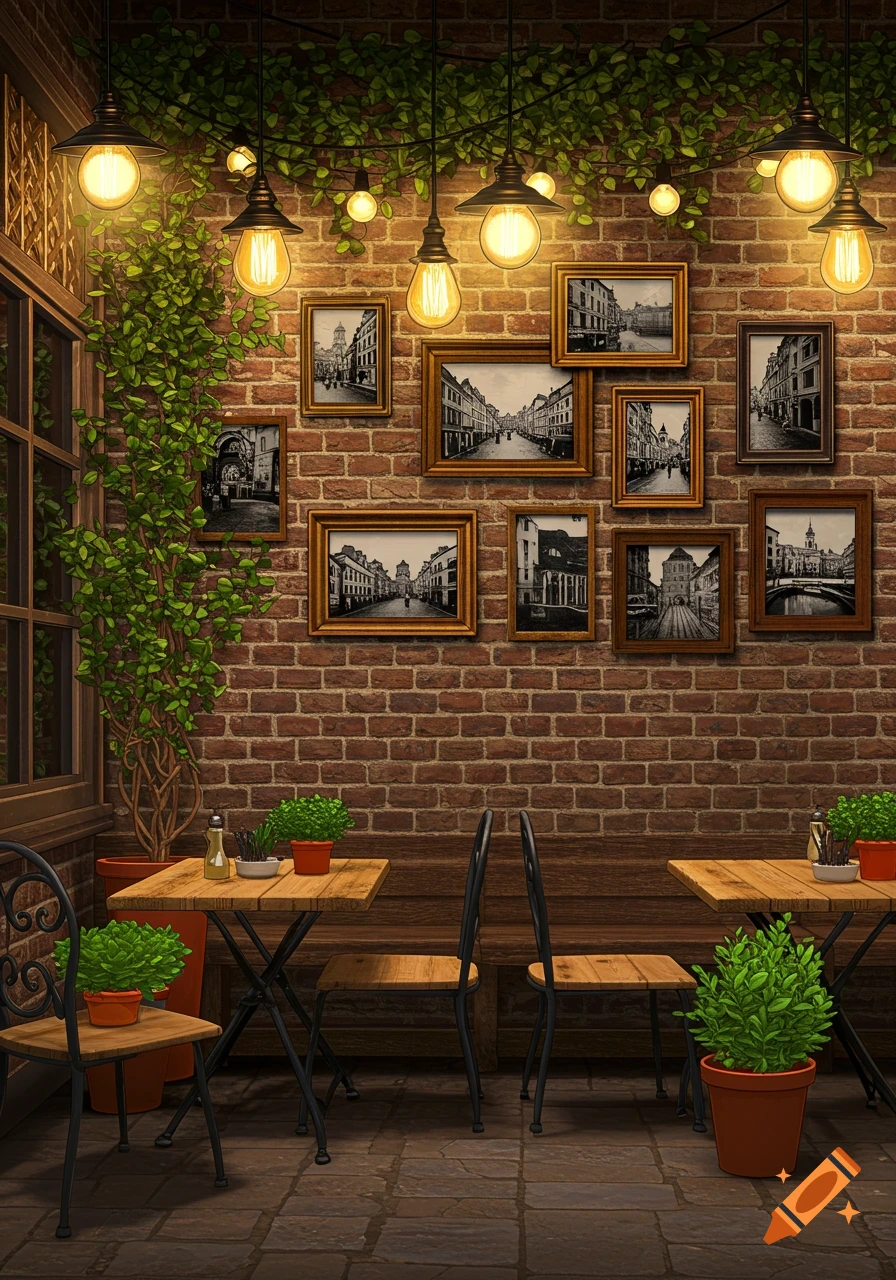 Cozy cafe interior with a brick wall, industrial-style sconce lights ...