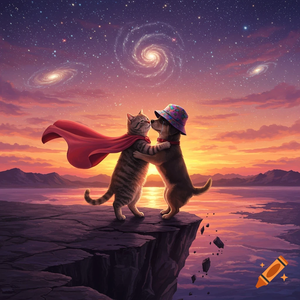 A cute tabby kitten with blue eyes and a halo floats in a vibrant ...