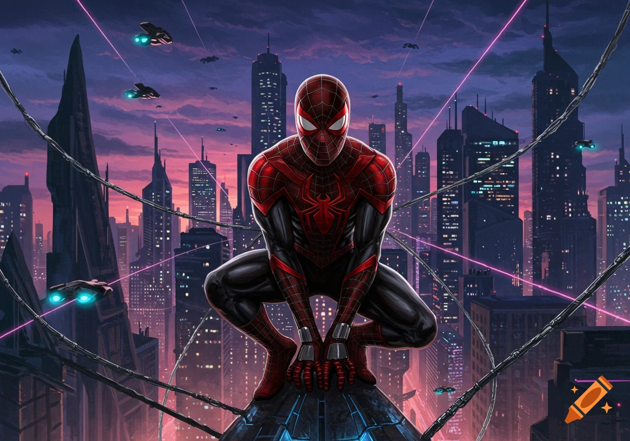 Spiderman crouches on a rooftop overlooking a neon-lit cyberpunk city ...