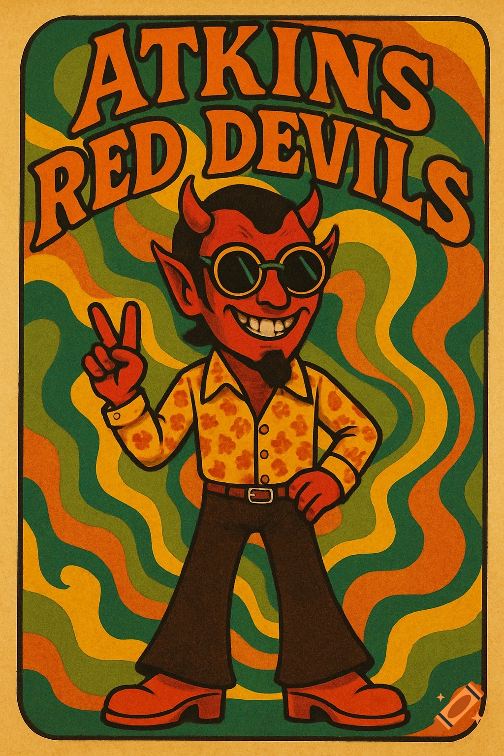 Retro 70s poster of a cartoon red devil with sunglasses making a peace ...