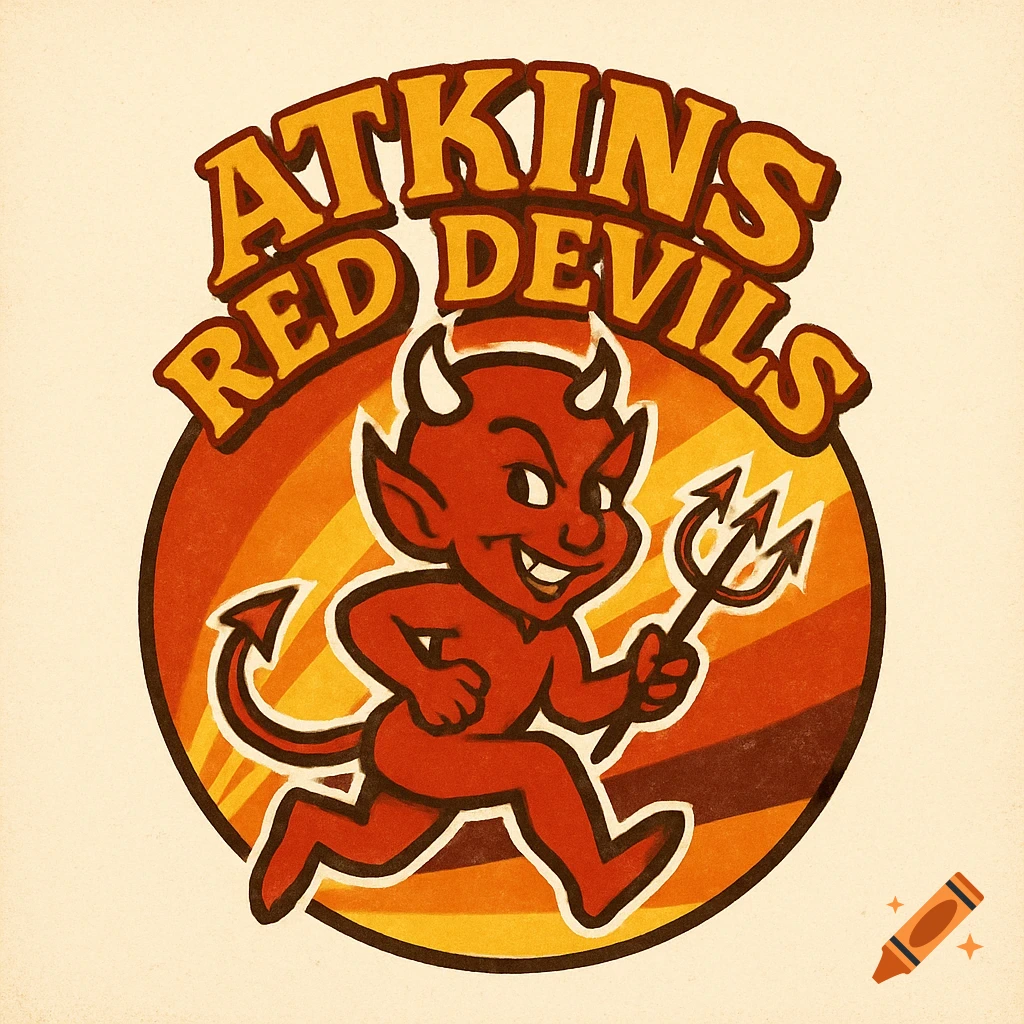Retro 70s logo of a running red devil with horns and a trident, text ...