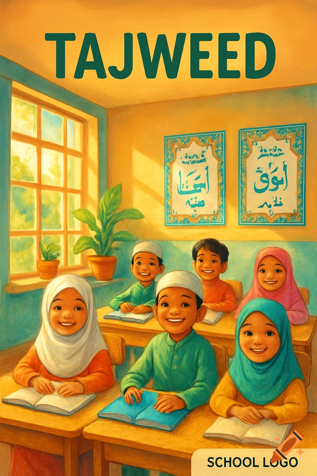 Illustration of Muslim children in a classroom with 'TAJWEED' title ...