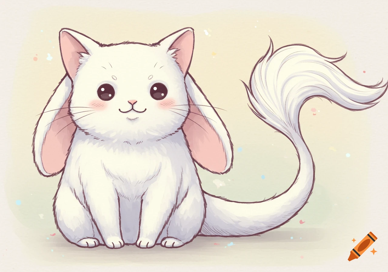 A cute white cat-rabbit hybrid creature with big eyes, long floppy ears ...