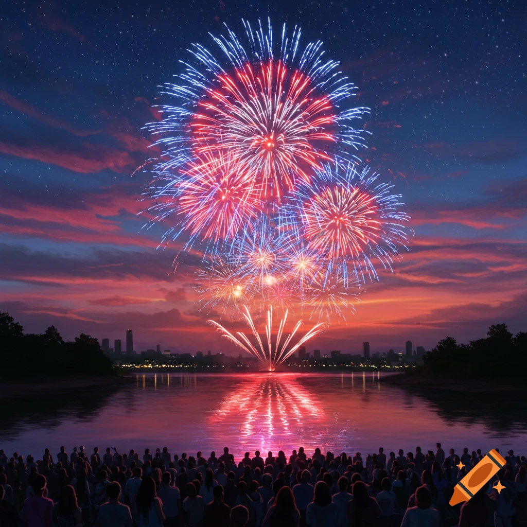 Illustrated scene of people watching colorful fireworks over a snowy ...