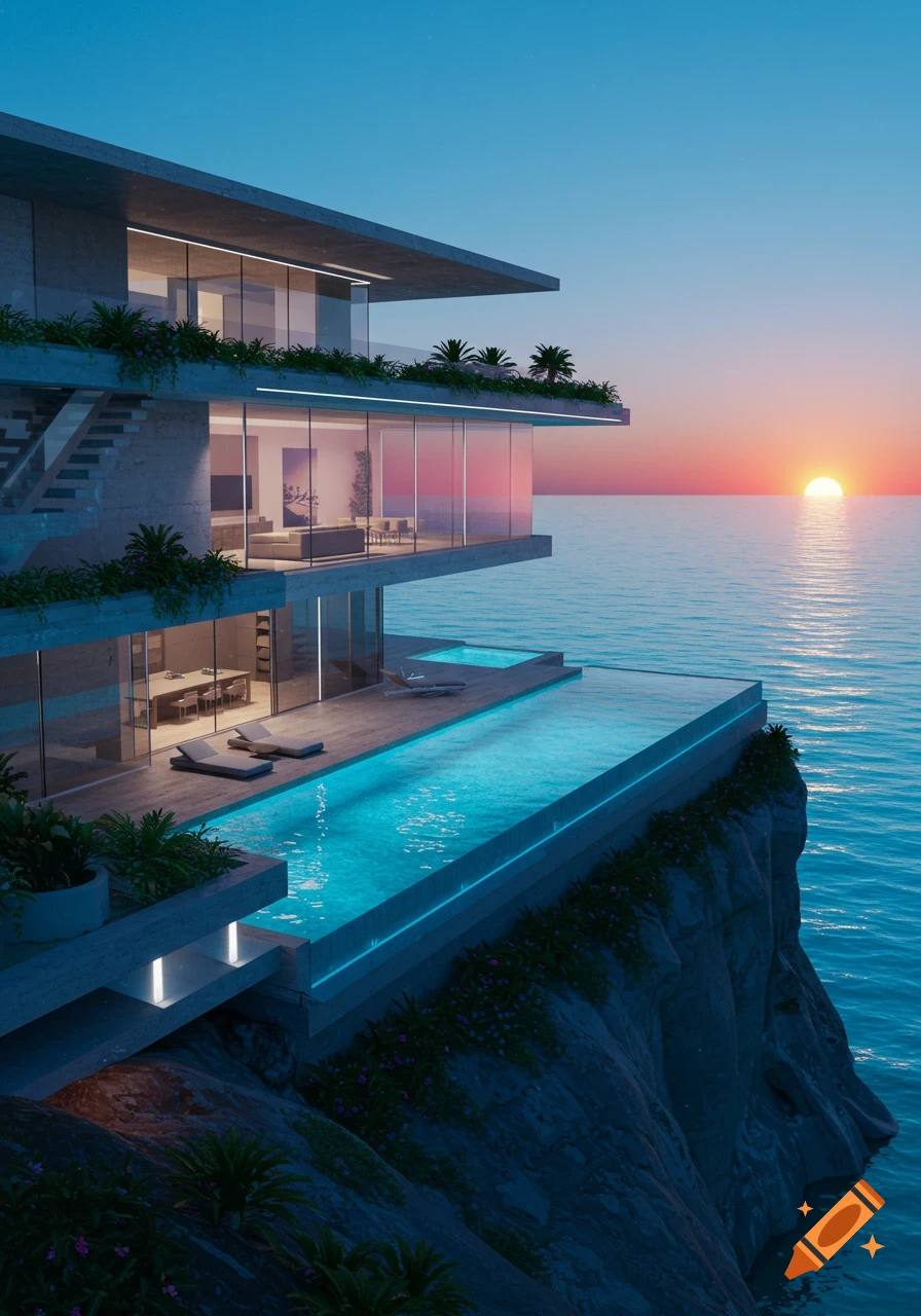 Photorealistic view of a luxurious modern mansion with an infinity pool ...