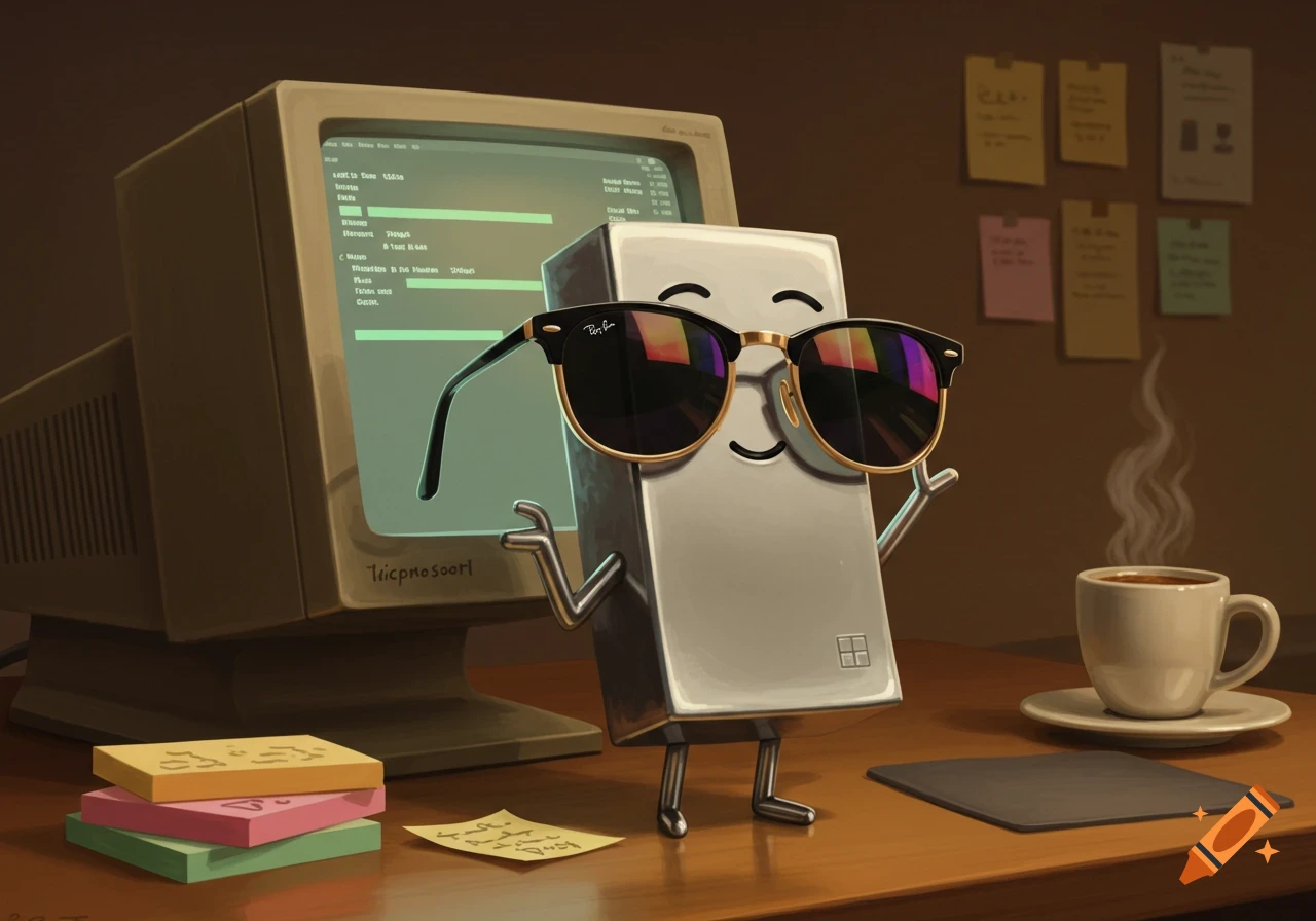 A cute blue cat mascot works on a glowing laptop at a white desk in a ...