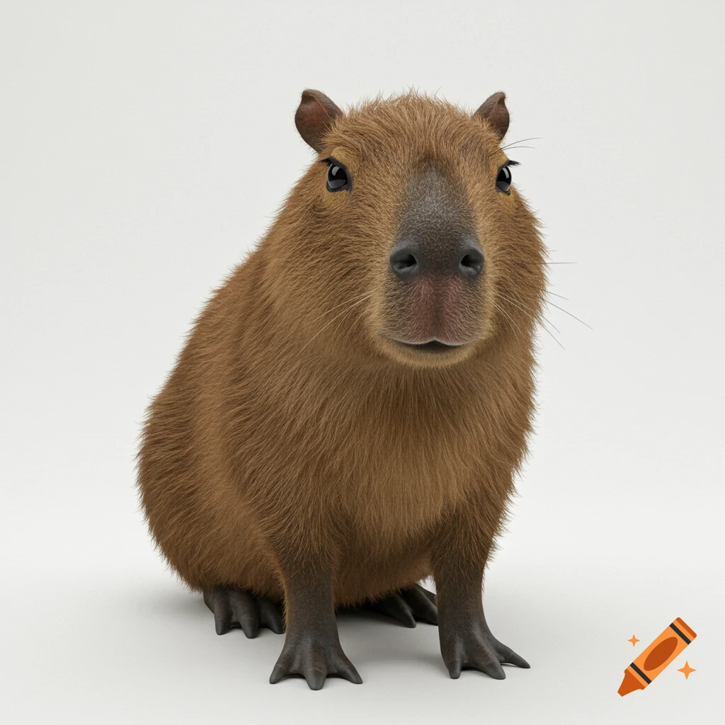 A realistic, front-facing capybara with brown fur sits calmly on a ...