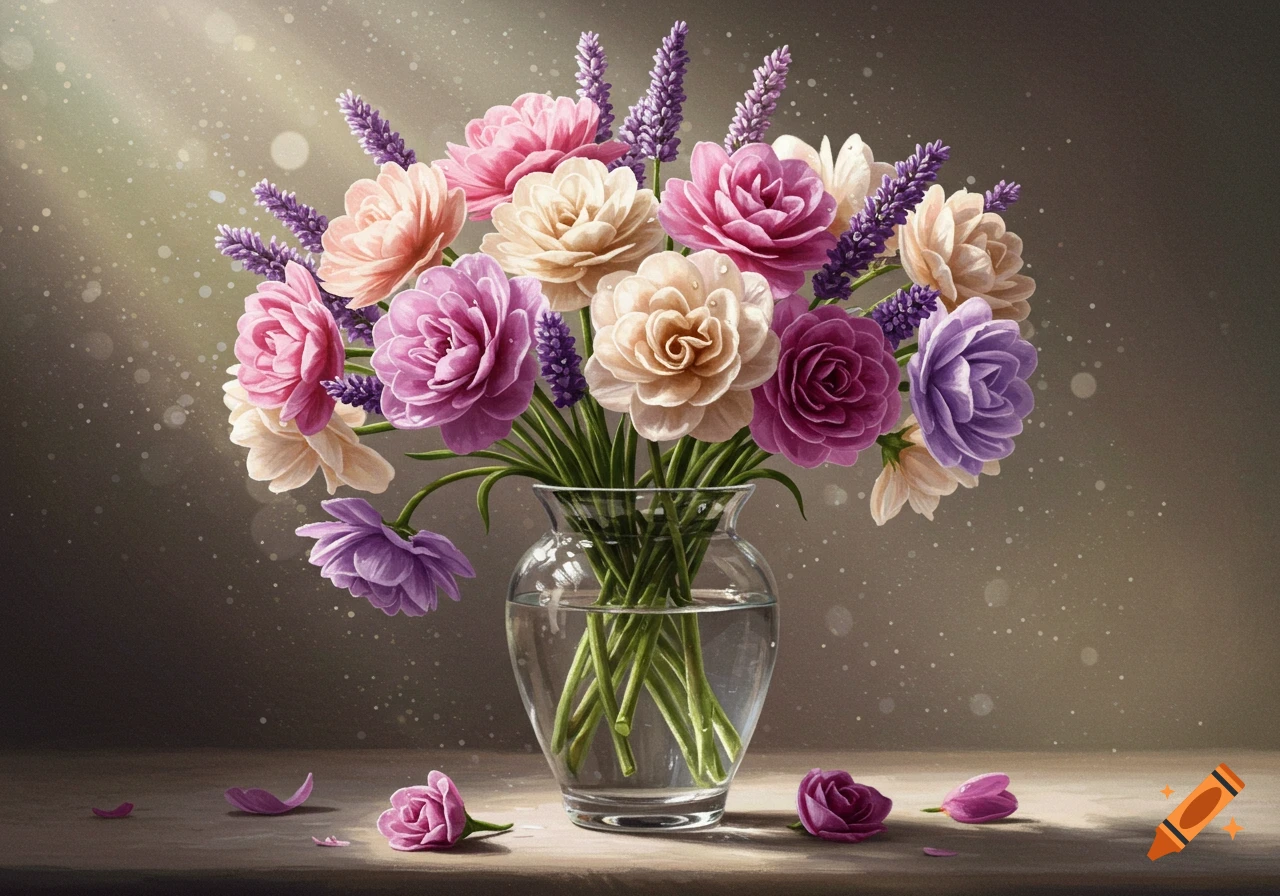Red and yellow flowers in a glass vase filled with glowing blue liquid ...