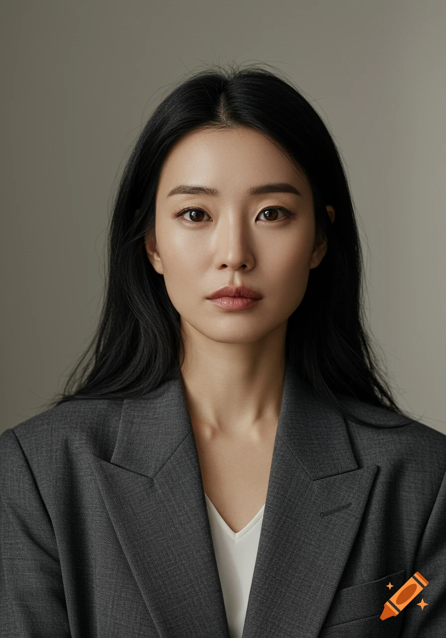 A realistic portrait of a woman with long dark hair and an olive ...