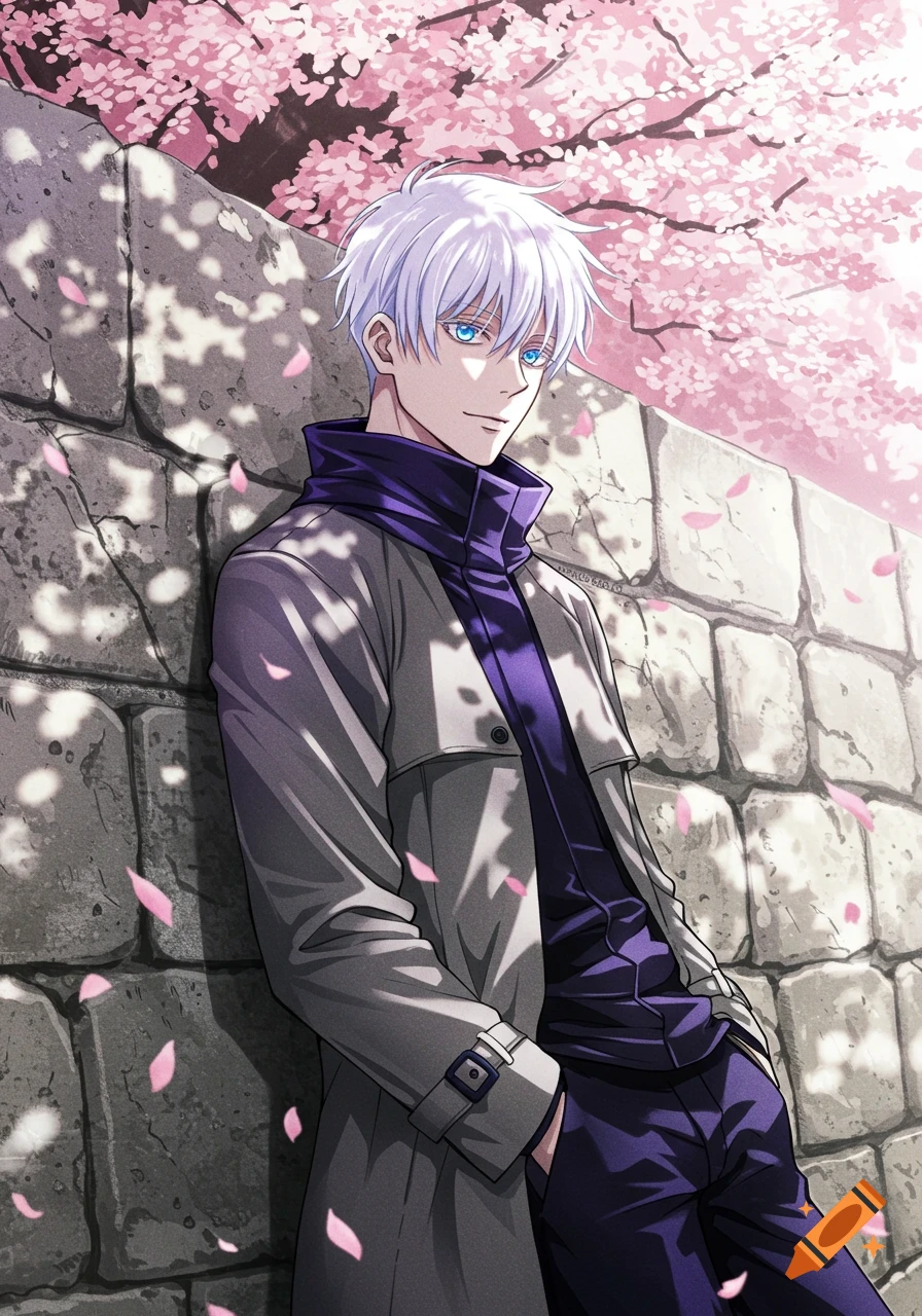 Anime character Gojo Satoru with white hair and blue eyes, wearing a ...