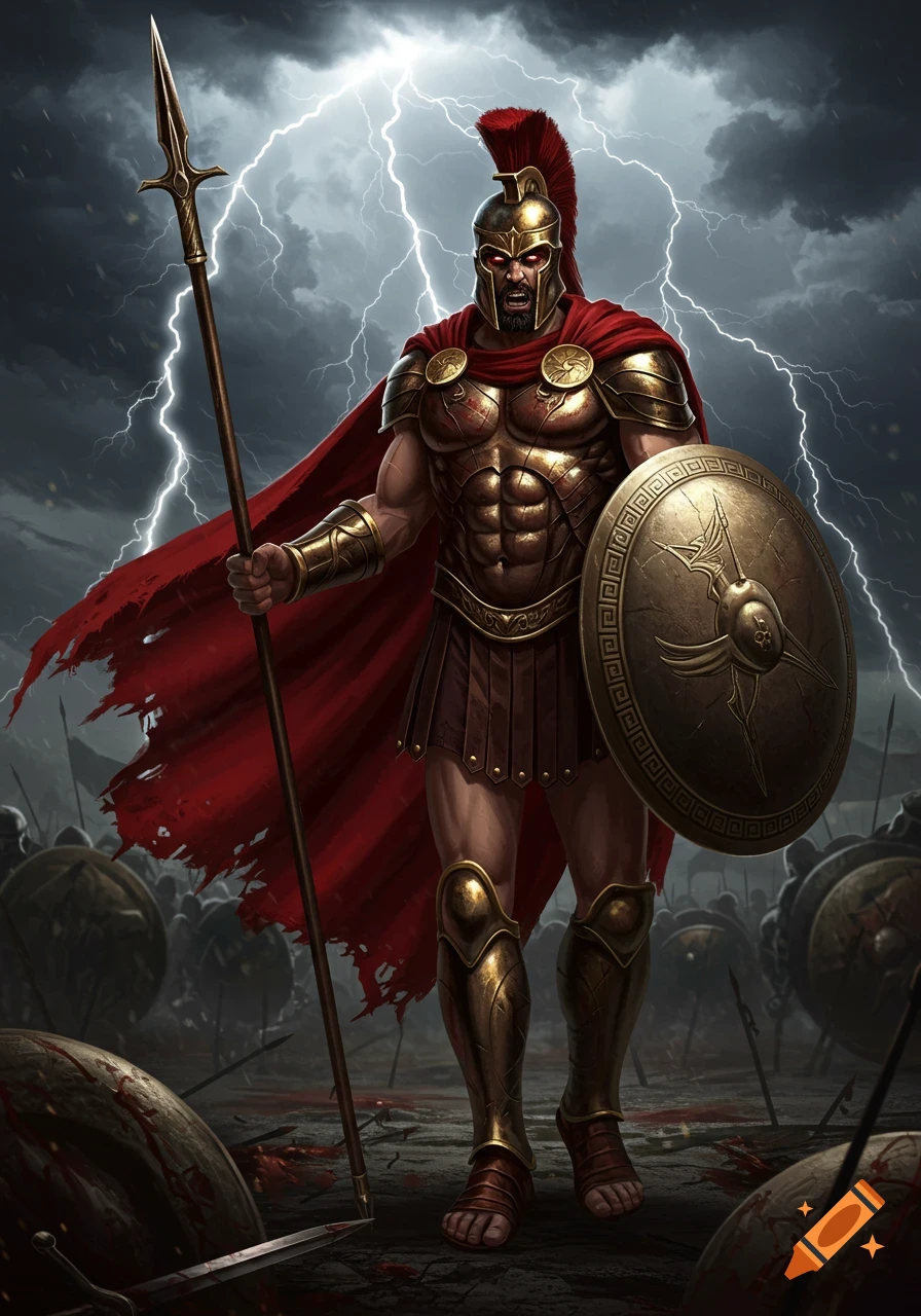 A powerful female warrior in golden armor and red cape holds two swords ...