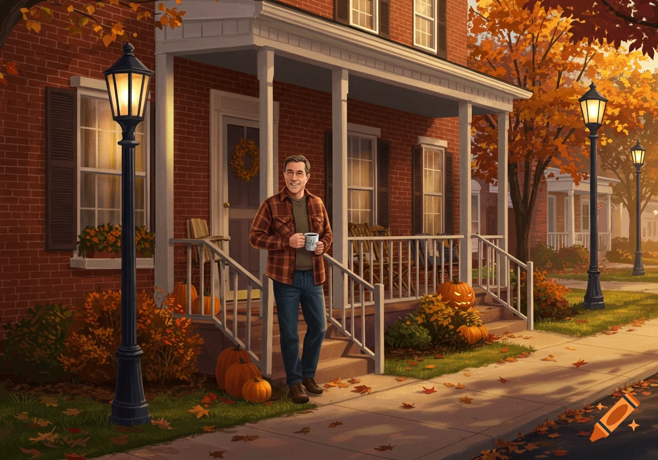 Cartoon character Dipper Pines walks on a sidewalk in an autumn ...