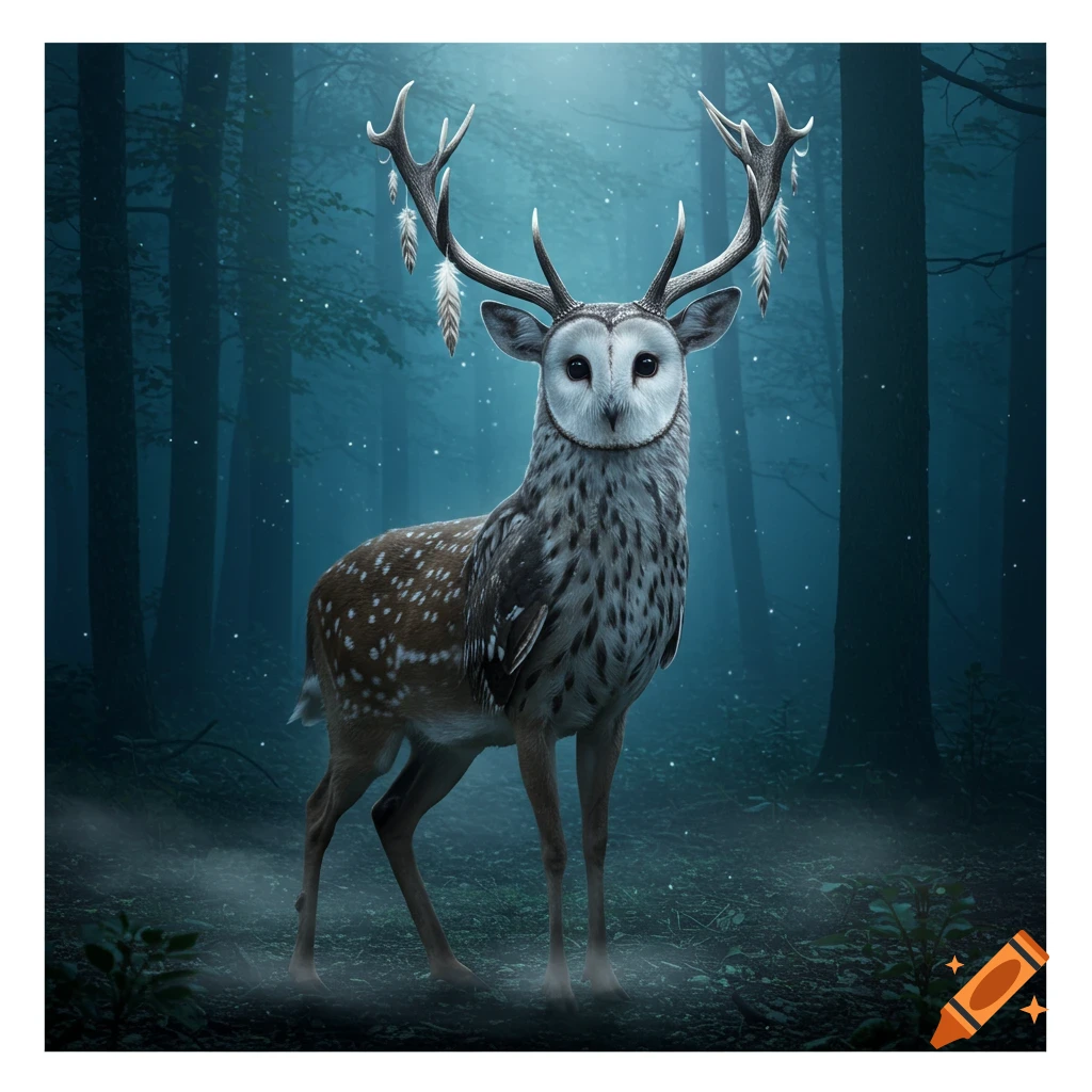 A photorealistic hybrid creature with a deer body, an owl head, and ...