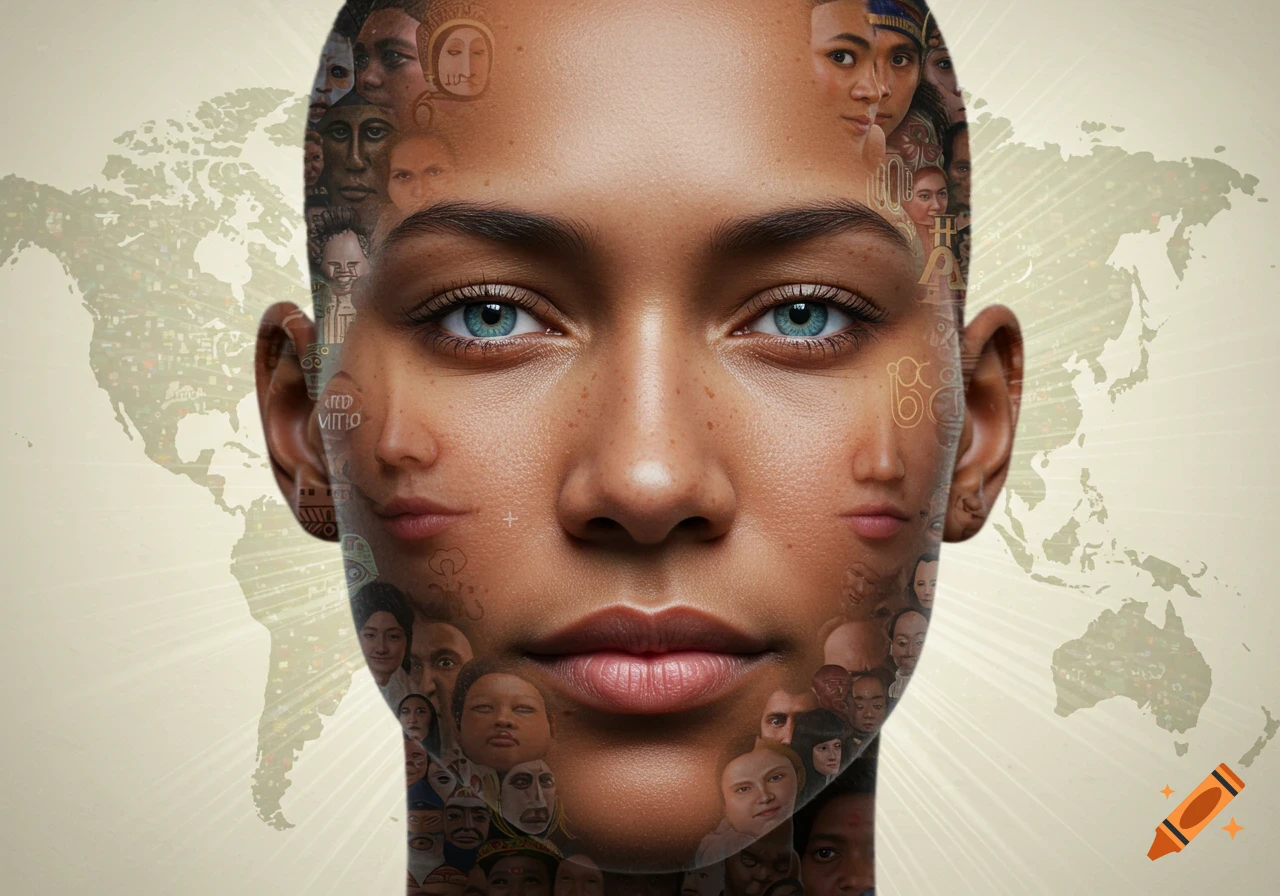 Close-up photorealistic portrait of a person's face, composed of many ...