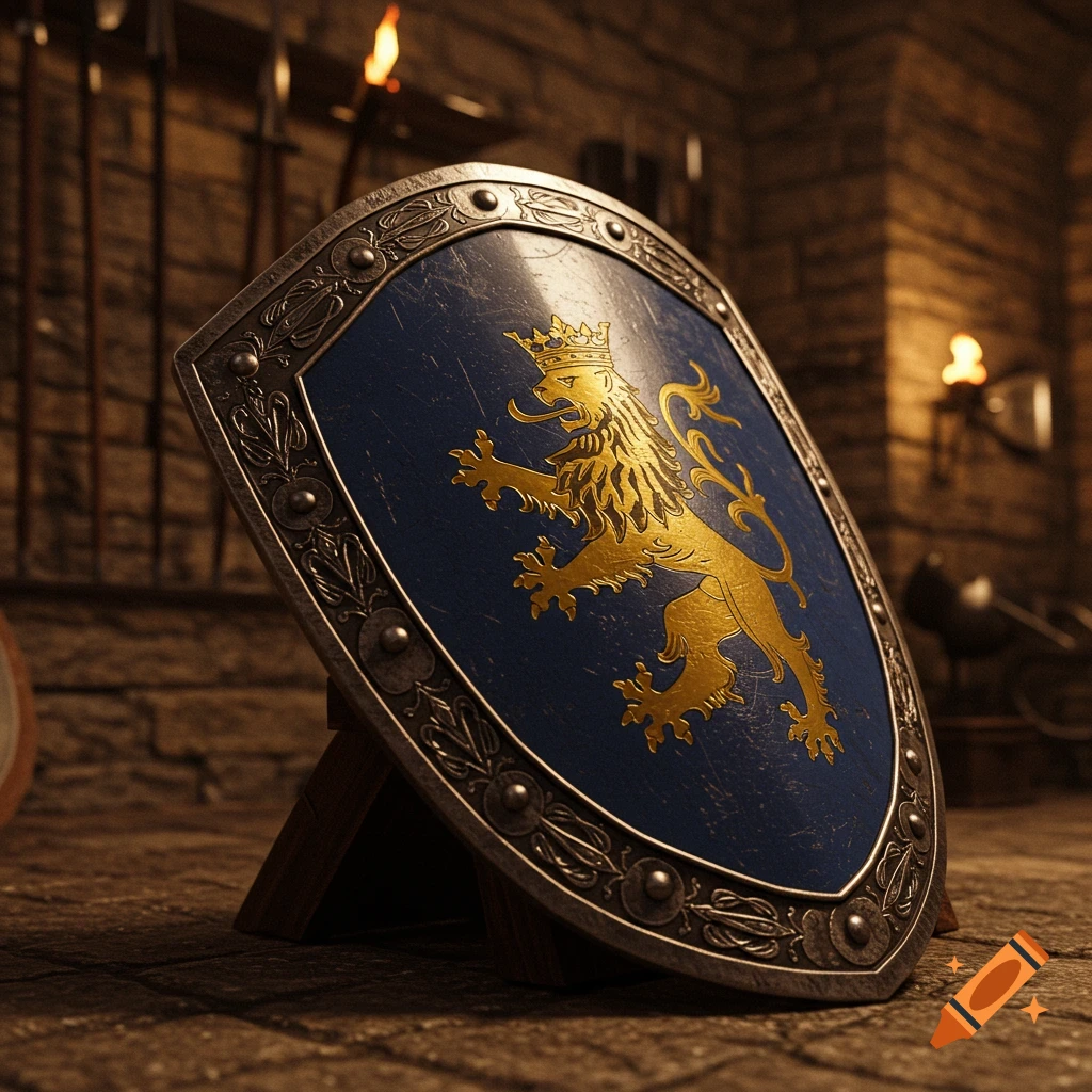 Detailed family crest with armored knights, golden lions, blue and ...