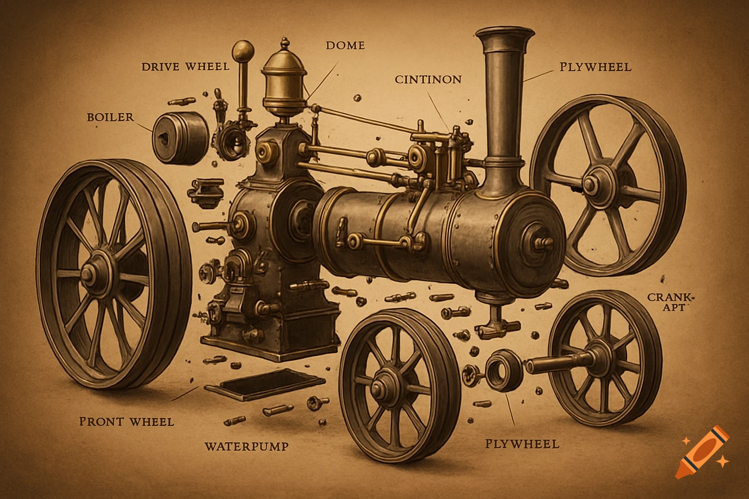 An exploded diagram of a vintage traction engine, showing its component ...