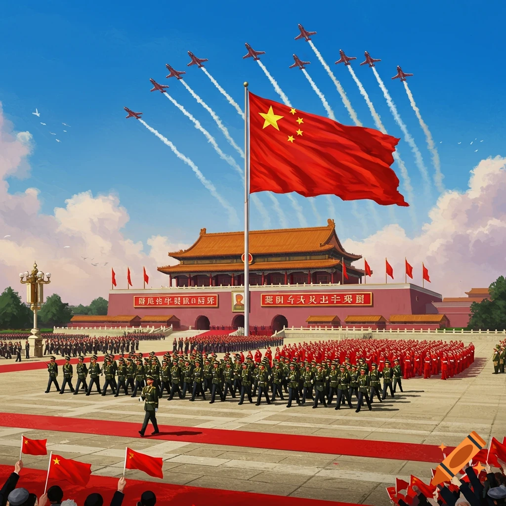 A stylized image of a military parade in Tiananmen Square with a large ...