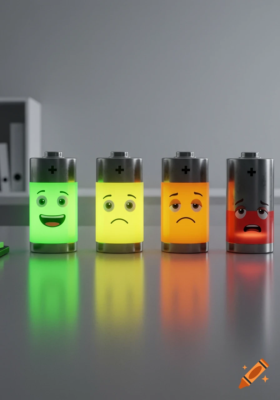 Four animated batteries with expressive faces showing varying charge ...