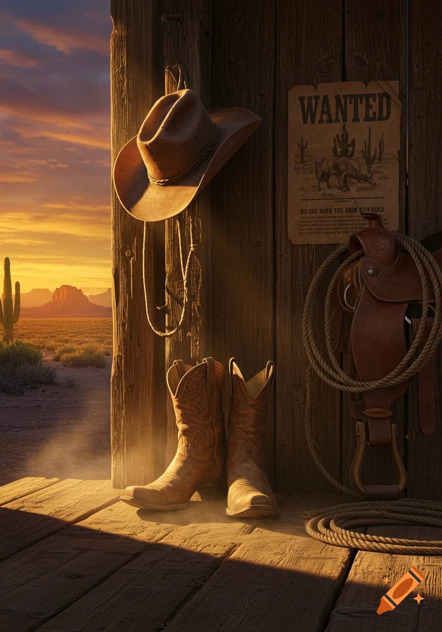 Mickey Mouse in a black cowboy hat, coat, and boots, standing in a ...